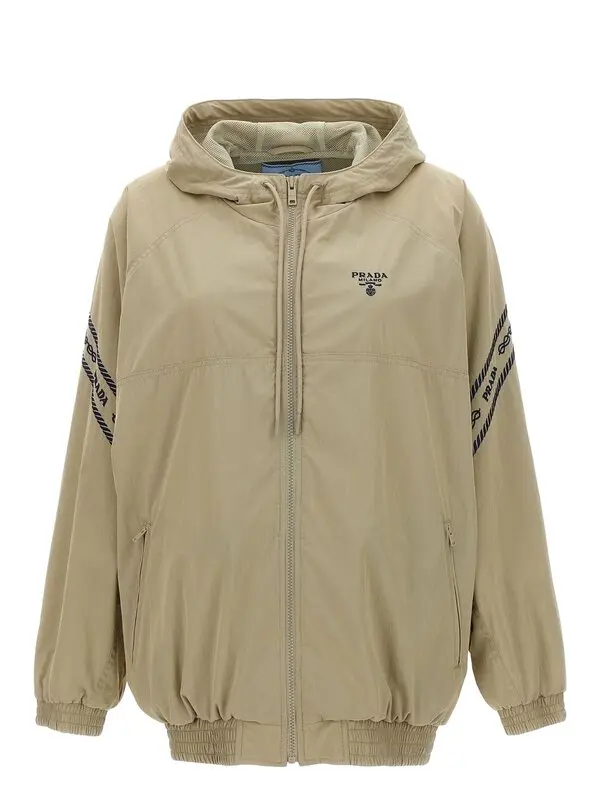 Prada Logo Detail Drawstring Hood Jacket - Cream