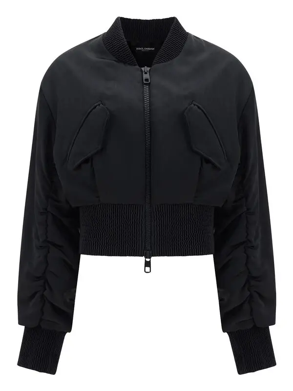 Dolce & Gabbana Cropped Bomber Jacket With Logo Plaque - Black