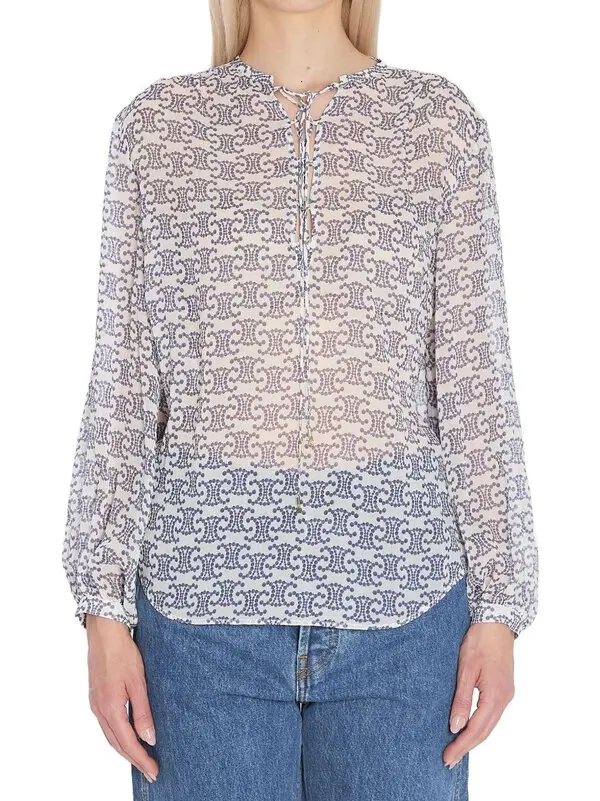 Celine Printed V-neck Silk Blouse With Tie Detail - Multicolor
