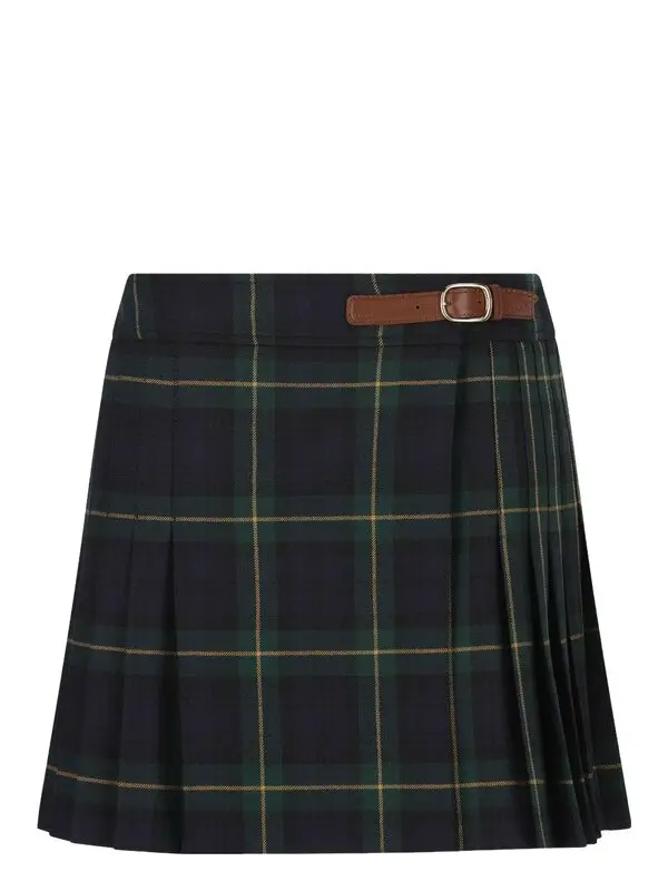 Celine Wool Tartan Pleated Mini Skirt With Buckle Detail - Multicolor