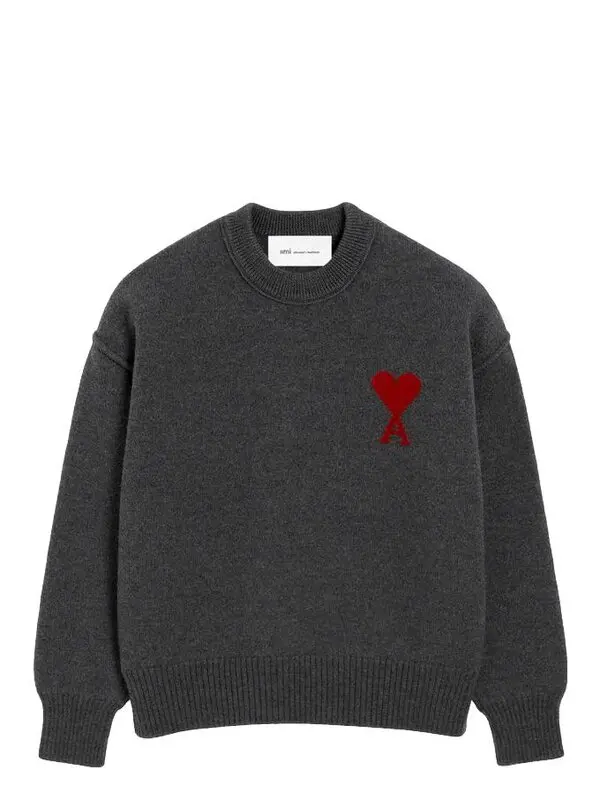 Ami Heather Grey Wool Knit Crew Neck Jumper With Intarsia Heart - Gray