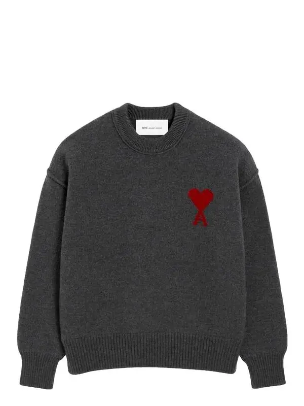 AMI Paris Heather Grey Wool Knit Crew Neck Jumper With Intarsia Heart - Gray