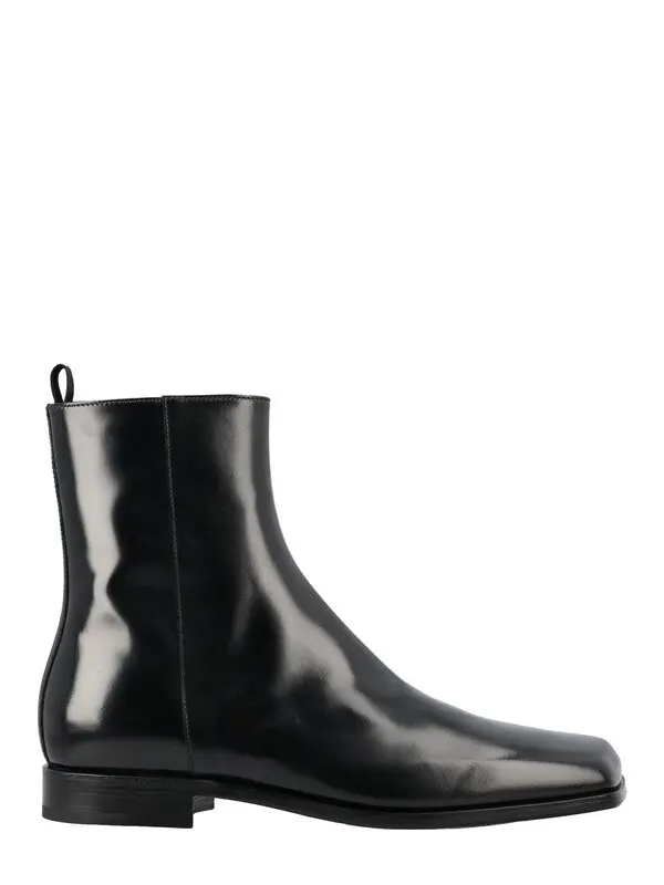 Prada Brushed Calf Leather Square Toe Zip-up Boots - Black