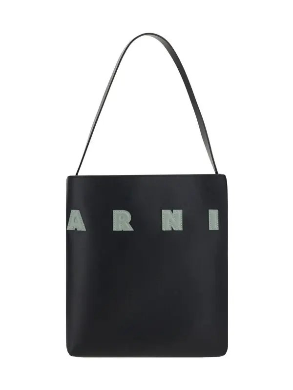Marni Leather Tote Bag With Contrasting Logo - Black