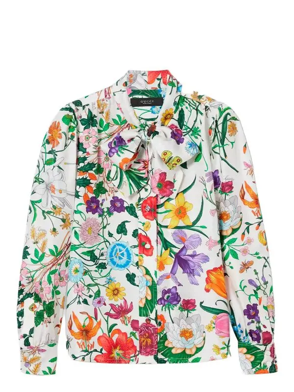 Gucci Printed Silk Twill Shirt With Bow - Multicolor