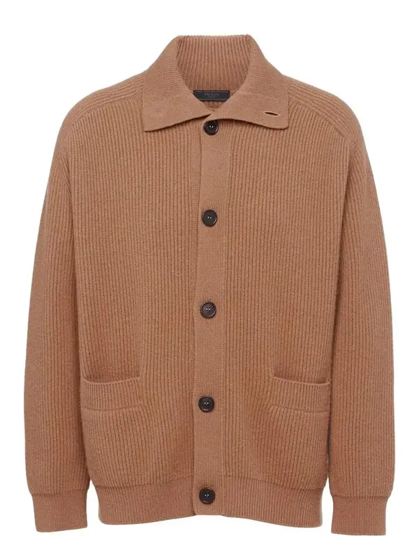 Prada Ribbed Knit Cashmere Cardigan With French Collar - Brown
