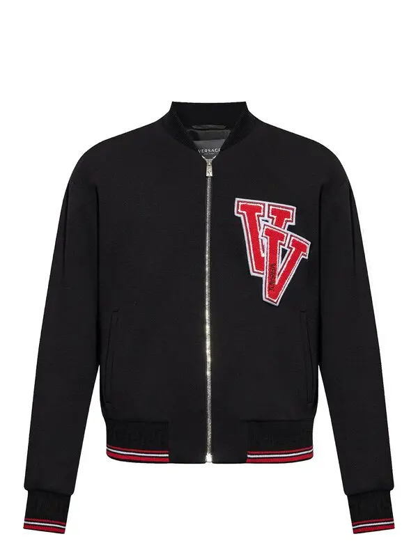 Versace Patch Bomber Jacket With Zip Closure - Black