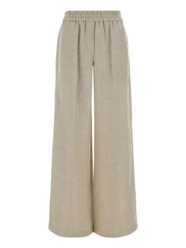 Brunello Cucinelli Beige Linen Blend Wide-leg Pants - Brown