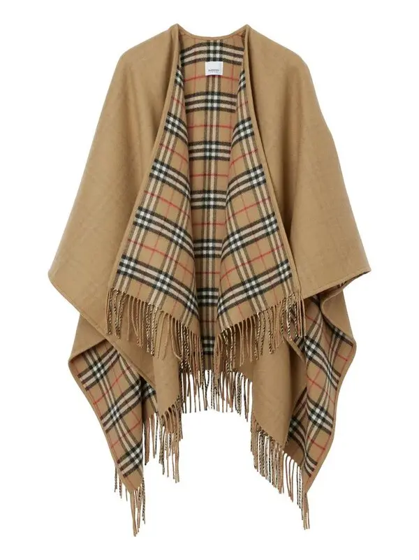 Burberry Archive Beige Wool Vintage Check Reversible Cape With Fringe - Cream