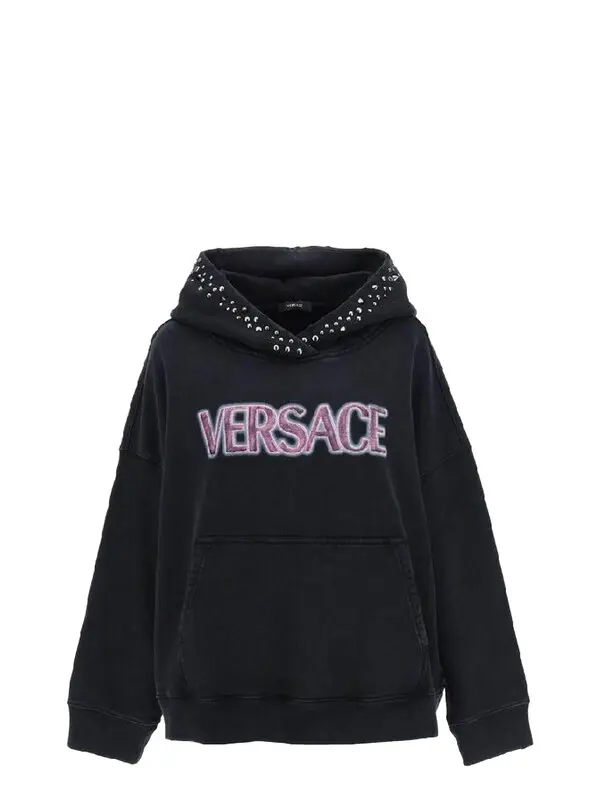 Versace Cotton Logo Hoodie With Metal Applications - Black