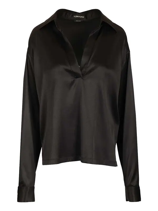 TOM FORD Silk Long Sleeve Polo Shirt - Black