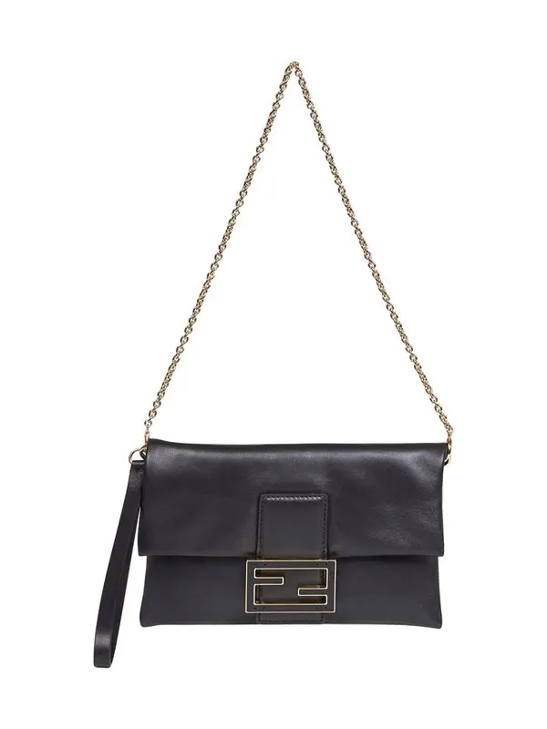 Fendi Black Nappa Leather Baguette Pouch Clutch With Ff Fastening - Multicolor