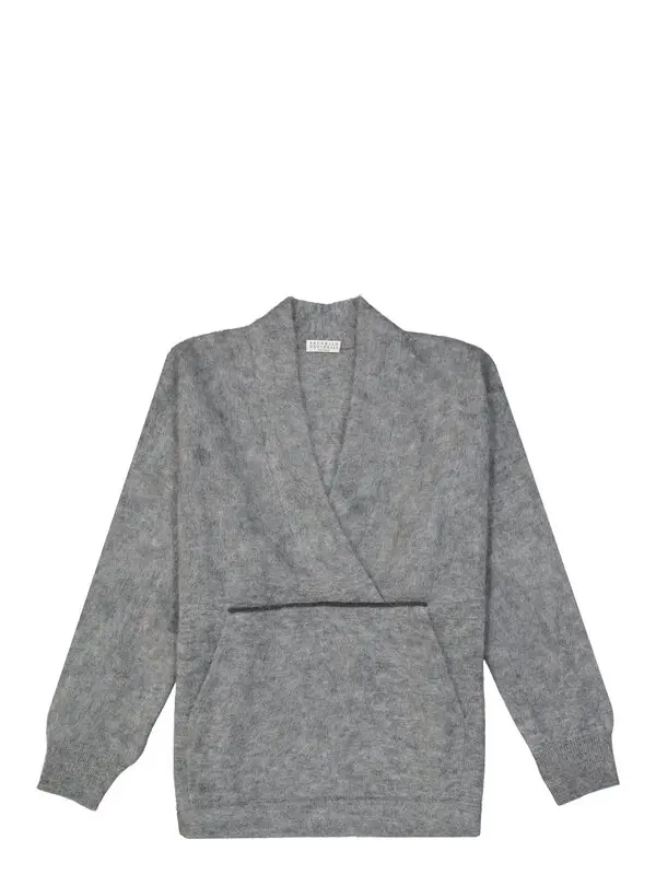 Brunello Cucinelli Mohair Wool Pullover With V Neckline And Front Pocket - Gray