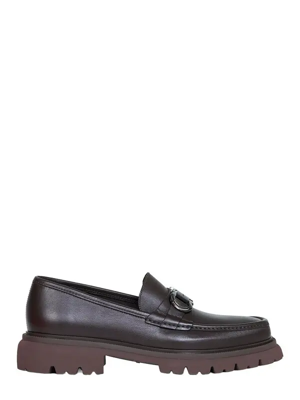 FERRAGAMO Dark Brown Calfskin Leather Gancini Loafers - Multicolor