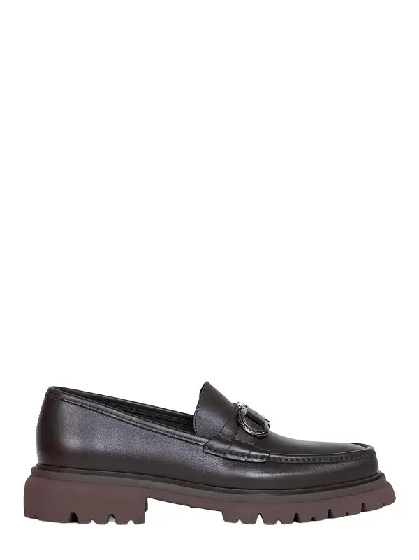 FERRAGAMO Dark Brown Calfskin Leather Gancini Loafers - Multicolor