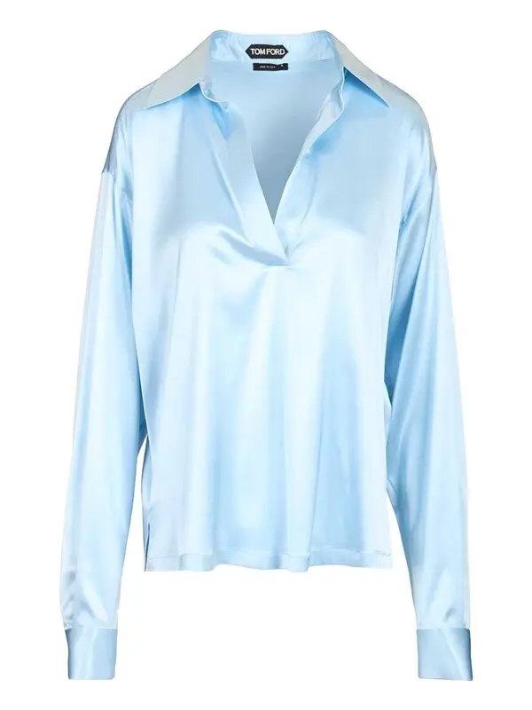 TOM FORD Long Sleeve Silk Polo Shirt - Blue