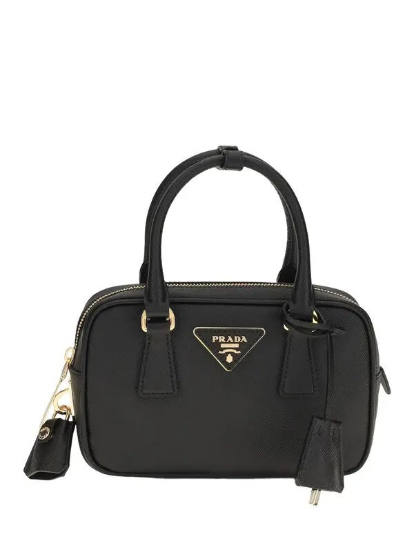 Prada Saffiano Leather Handbag With Metal Triangle Logo - Black