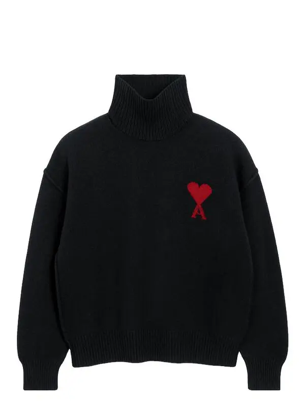Ami Wool Knit Funnel Neck Intarsia Heart Motif Jumper - Black