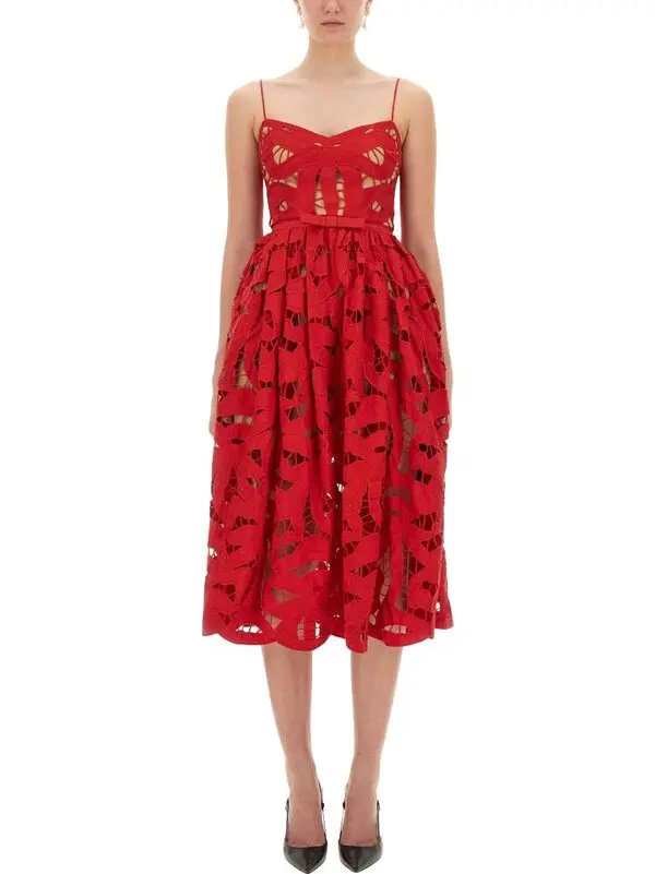 SELF-PORTRAIT Embroidered Midi Dress With Bow Detail - Red