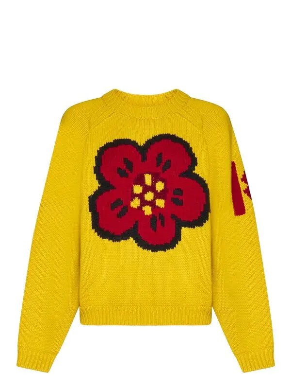 Kenzo Cotton Wool Blend Pullover With Floral Motif - Yellow