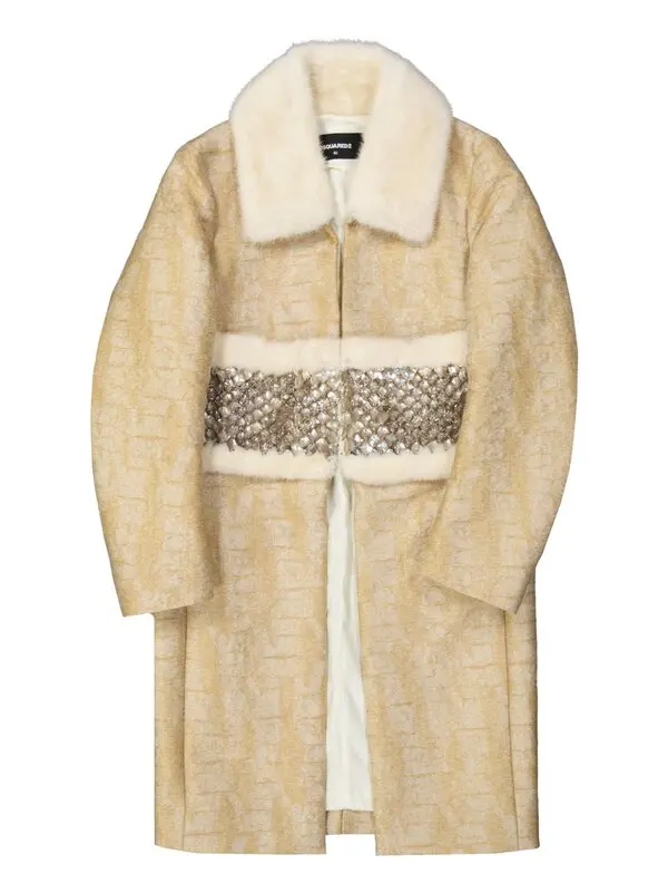 Dsquared2 Crystal Embellished Fur Collar Coat - Cream