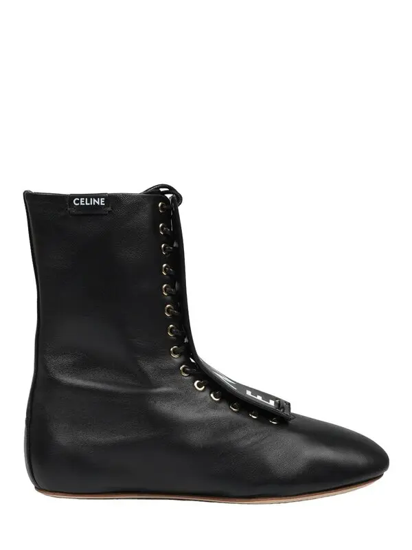 Celine Leather Lace-up Boots With Logo Detail - Black
