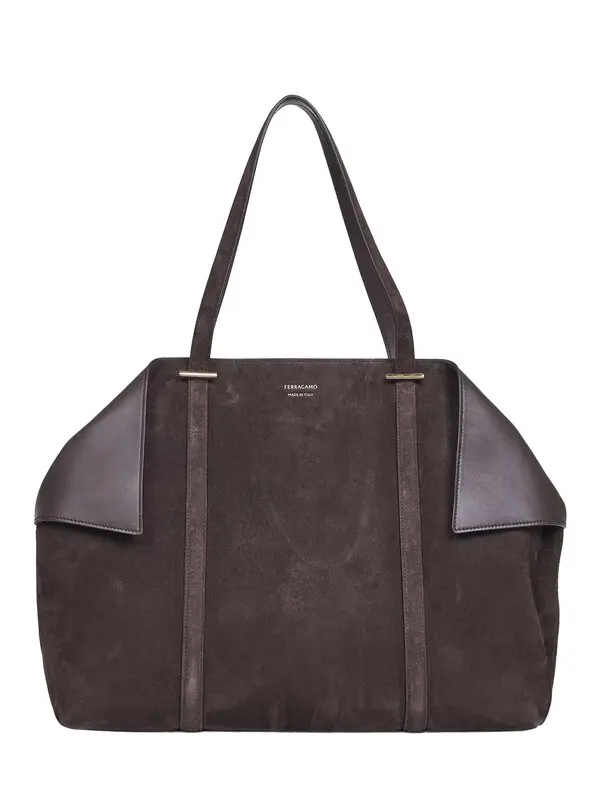 FERRAGAMO Dark Brown Calfskin Suede Folded Tote Bag - Multicolor