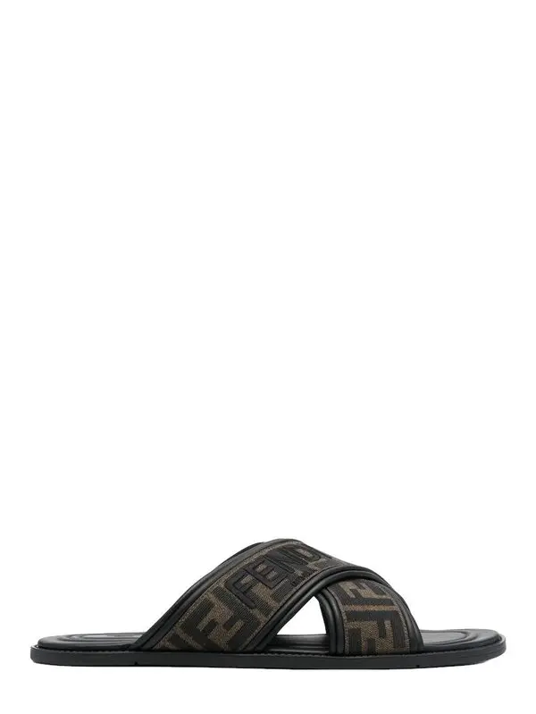 Fendi Ff-logo Print Crossover Strap Slides - Black