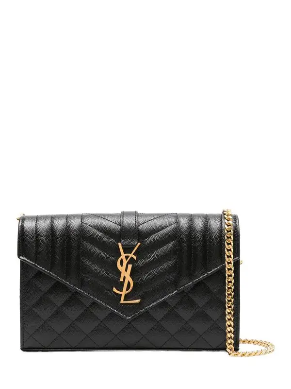 Saint Laurent Quilted Calf Leather Monogram Clutch With Chain Strap - Black