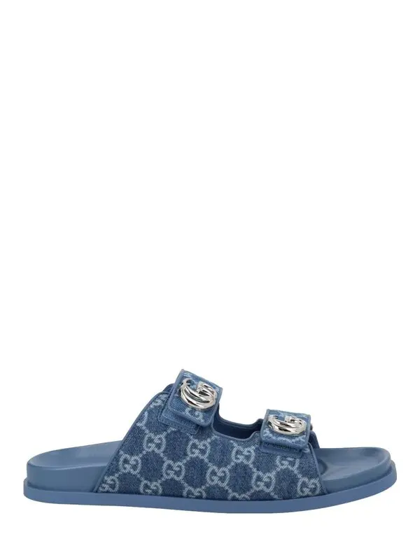 Gucci Gg Logo Denim Slide Sandals - Blue
