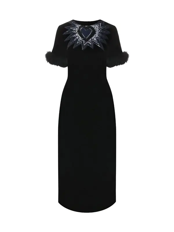 Fendi Velvet Midi Dress With Fox Fur Trim And Sequins - Black