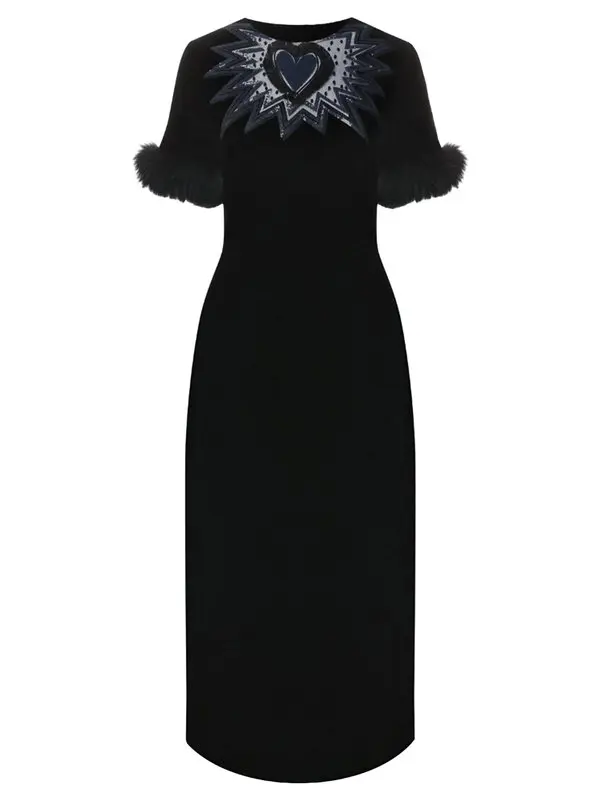 Fendi Velvet Midi Dress With Fox Fur Trim And Sequins - Black