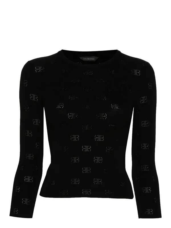 Balenciaga Open-knit Wool Bb Pattern Crew Neck Top - Multicolor