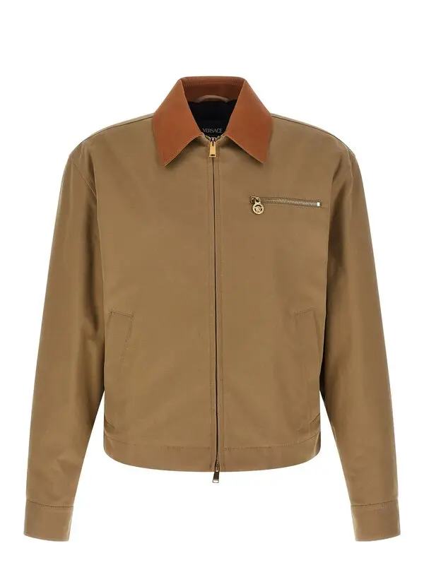 Versace Canvas Jacket With Leather Collar And Metal Trims - Cream