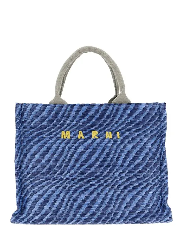 Marni Two-tone Raffia Effect Handbag With Embroidered Logo - Blue