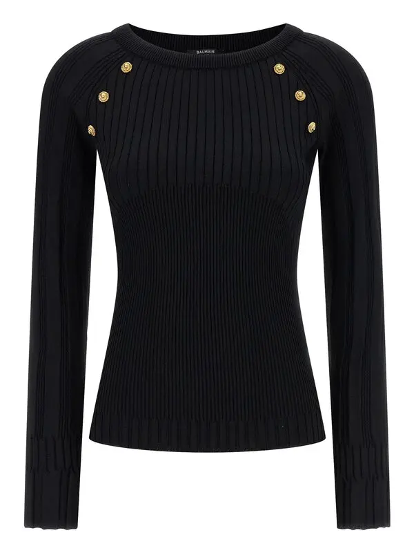 Balmain Ribbed Crew Neck Sweater With Lion Head Buttons - Black