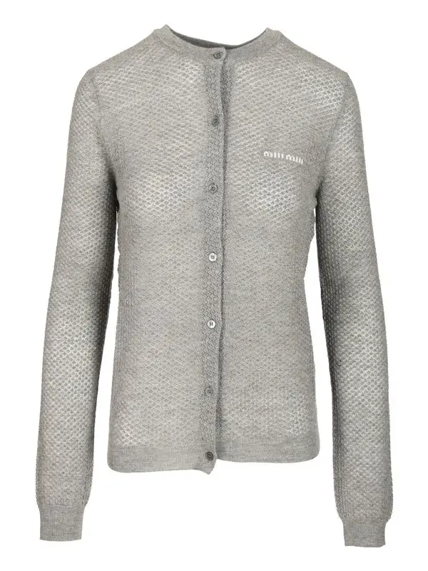 Miu Miu Cashmere Cardigan With Embroidered Logo - Gray