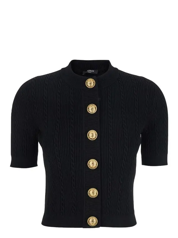 Balmain Black Cable Knit Short Sleeve Cardigan With Button Fastening - Multicolor