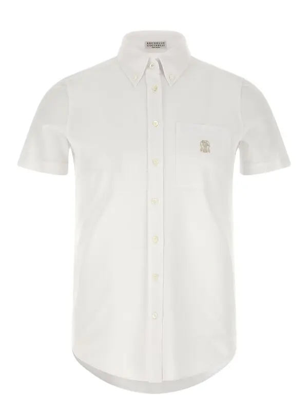 Brunello Cucinelli Cotton Oxford Short Sleeve Shirt With Embroidered Logo - White