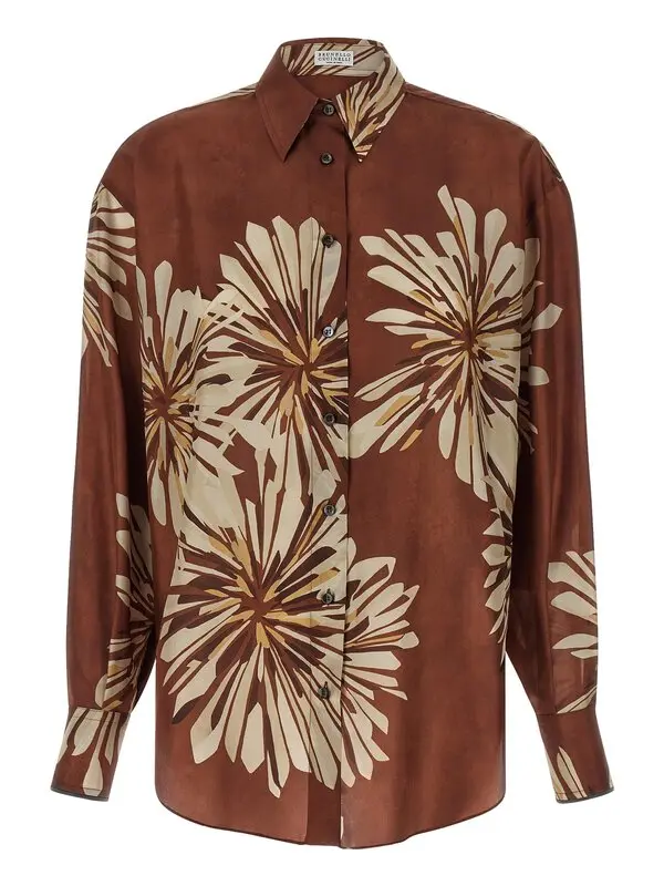 Brunello Cucinelli Floral Print Silk Shirt - Brown