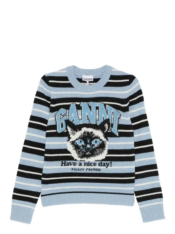 GANNI Striped Crewneck Sweater With Graphic Cat Motif - Multicolor