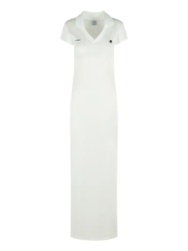 COURREGES Polyester V-neck Dress With Embroidered Logo - White