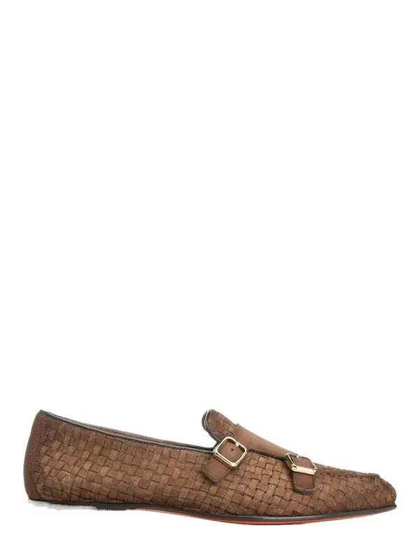 Santoni Suede Moccasins With Double Buckle And Woven Workmanship - Brown