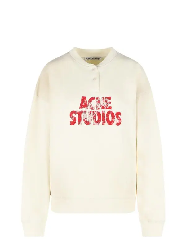 Acne Studios Cotton Sweatshirt With Partial Button Closure And Printed Logo - Cream