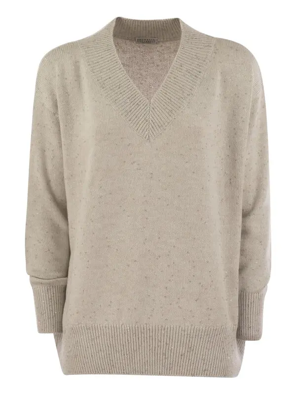 Brunello Cucinelli Cashmere And Silk Sweater With Micro Sequins - Cream