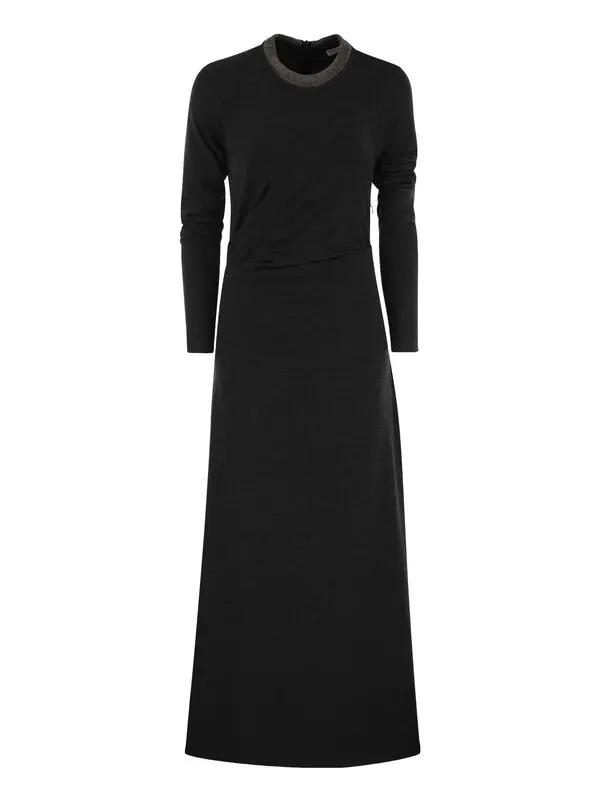 Brunello Cucinelli Draped Stretch Virgin Wool Jersey Dress With Embellished Collar - Multicolor