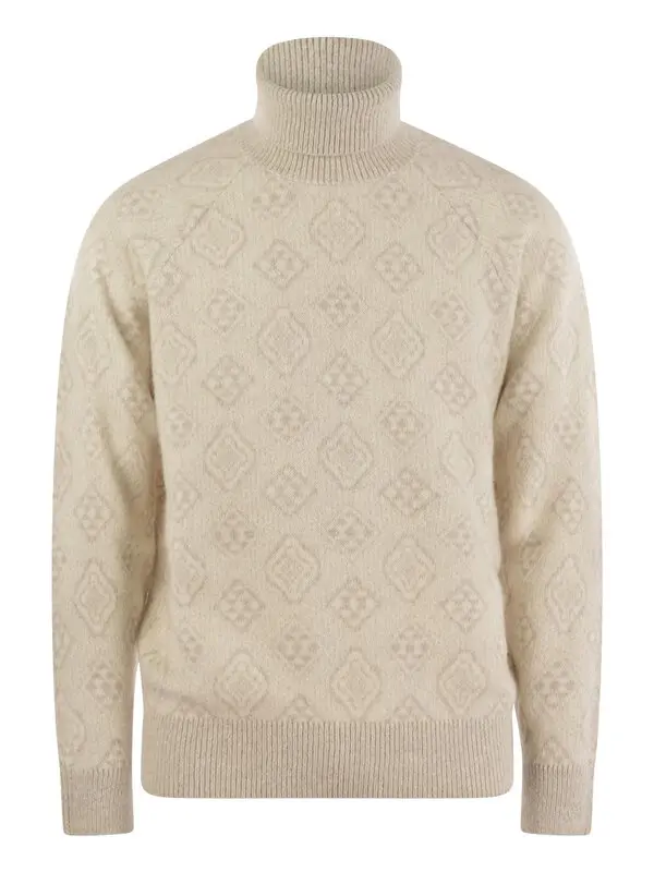Brunello Cucinelli Geometric Jacquard Turtleneck Sweater In Alpaca, Cotton And Wool - Cream