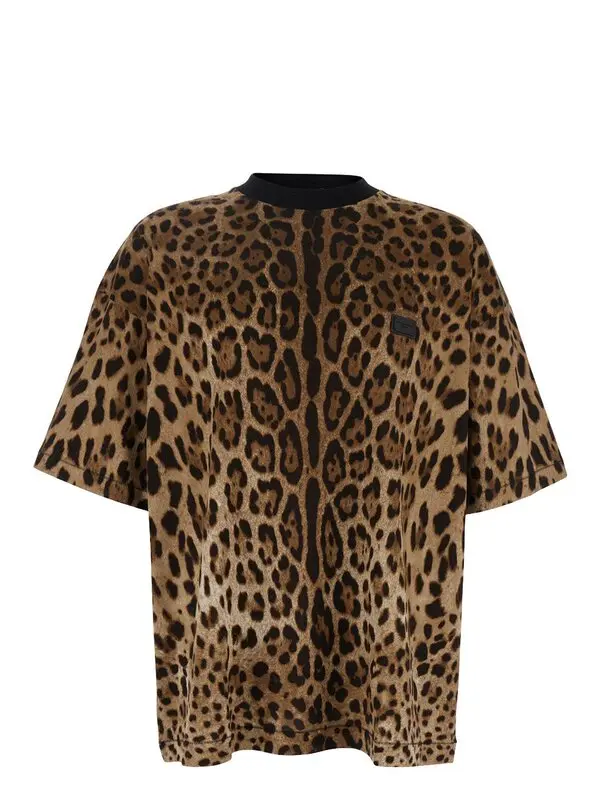Dolce & Gabbana Brown T-shirt With All-over Leopard Motif In Cotton - Multicolor
