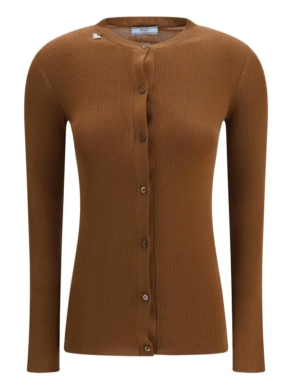Prada Ribbed Wool Crew Neck Cardigan - Brown
