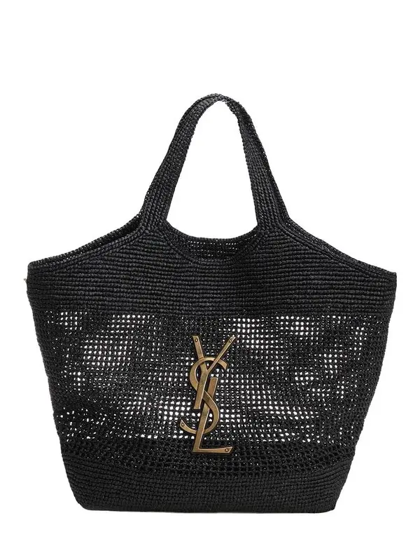 Saint Laurent Icare Raffia Bag With Oversized Casandre Motif - Black